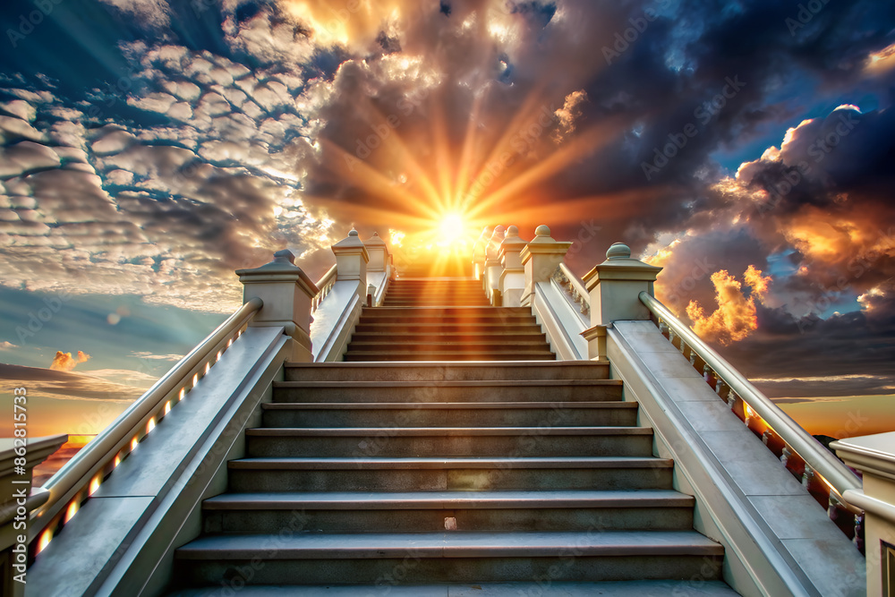 Beautiful religious background. Sunset or sunrise with clouds,stairs to ...