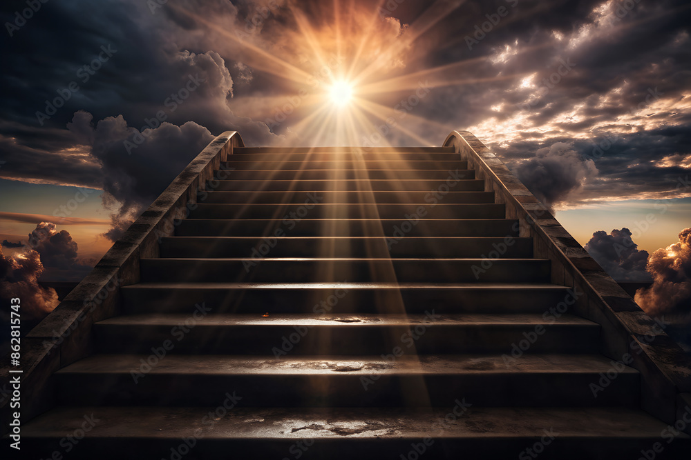 Beautiful religious background. Sunset or sunrise with clouds,stairs to ...