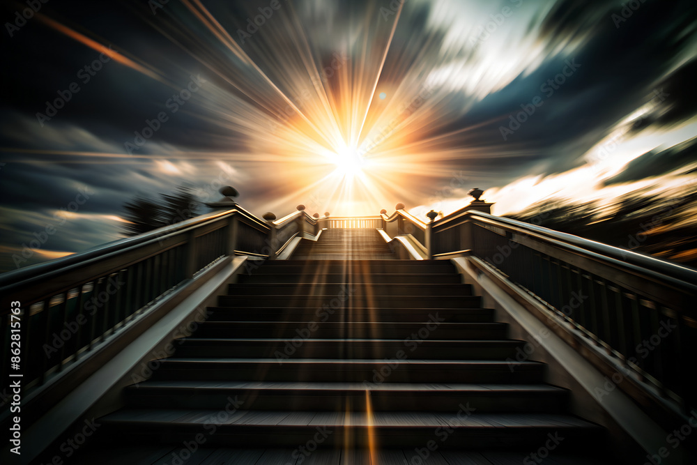 Beautiful religious background. Sunset or sunrise with clouds,stairs to ...