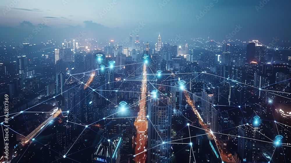 A panoramic view of a smart city with visible digital overlays of ...