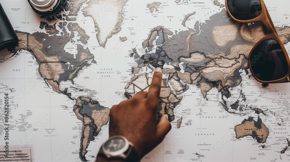 Traveler's hand pointing at a city on a world map with travel ...