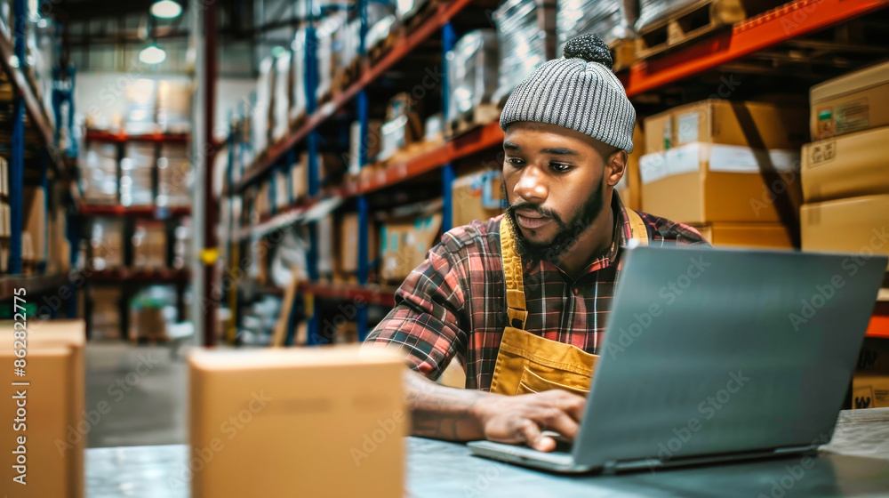 A warehouse worker diligently types on a laptop, surrounded by towering ...