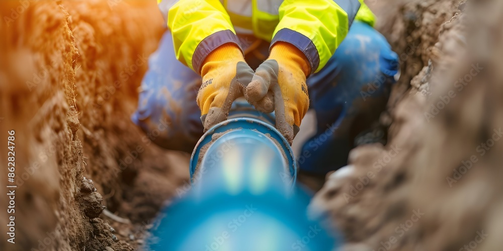Digital photograph capturing a worker installing underground pipes for ...