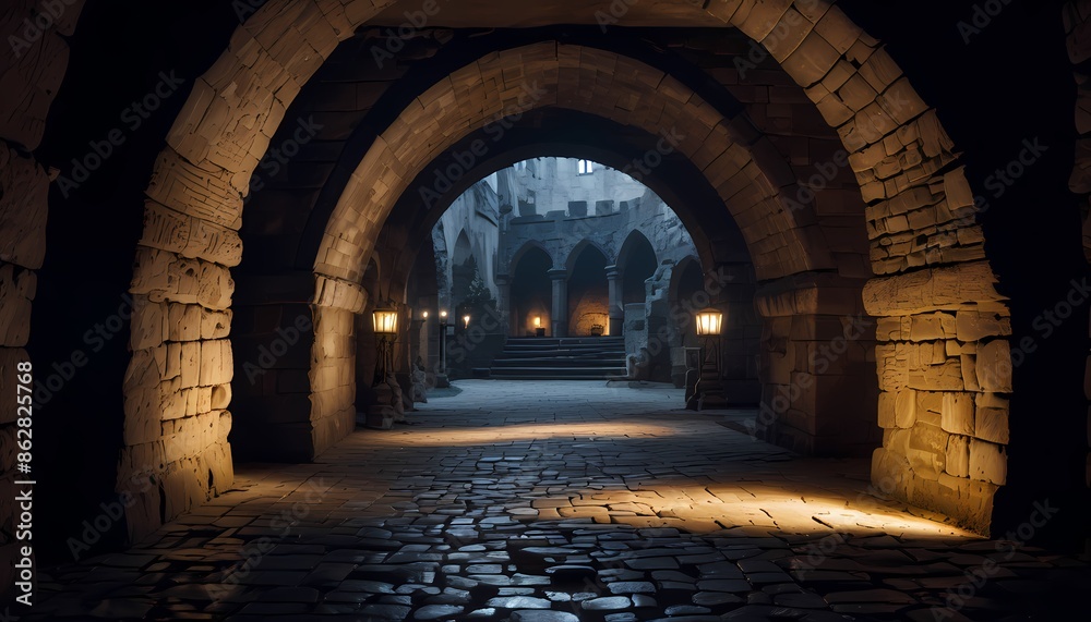 Dark dungeon tunnel of a medieval castle, dark underground corridor in ...