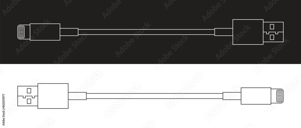 Charging cable, wires with lightning and USB-A ports, contour vector ...