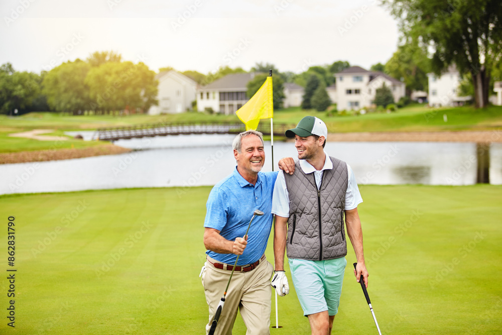 Men, golf course and fun on green for tee in outdoor as members in club ...