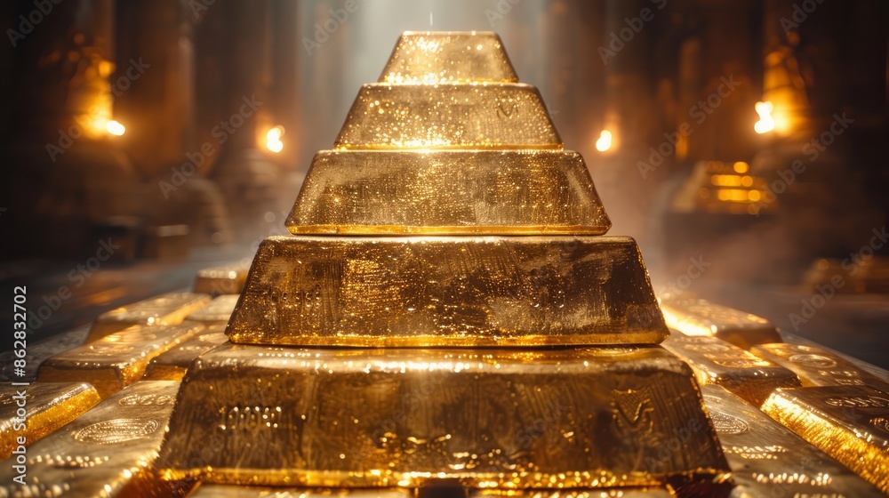 Glittering gold bars stacked high, forming a pyramid of wealth, exuding ...