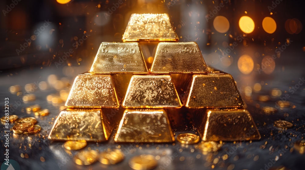 Glittering gold bars stacked high, forming a pyramid of wealth, exuding luxury and financial ...