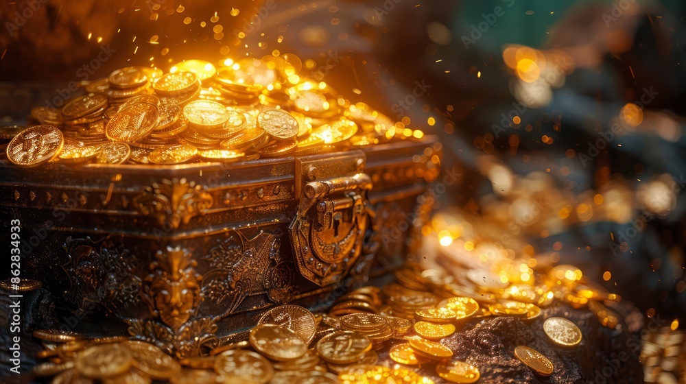 Gold coins overflowing from a treasure chest, spilling onto the ground ...