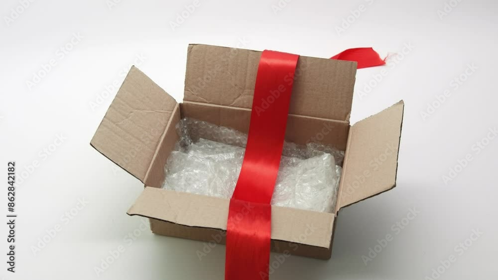 Man's hands putting a stone with FAKE line, tied with red bow, in ...