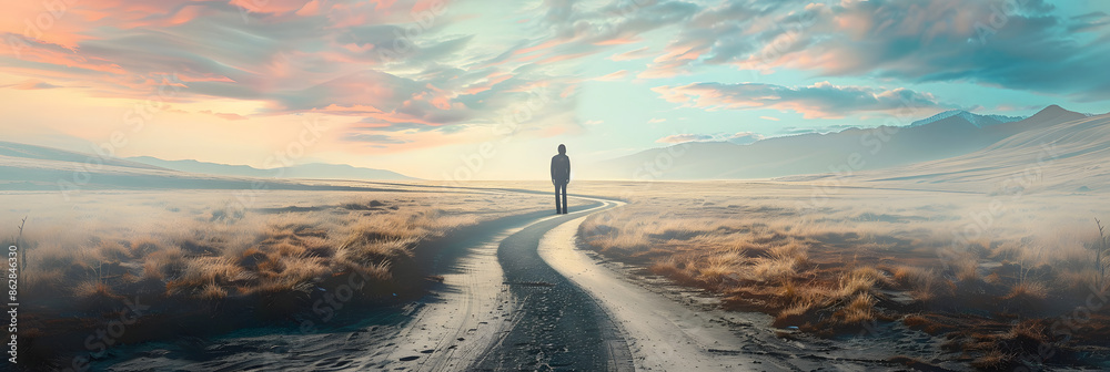 Fork in the Road A person standing at a fork in the road, symbolizing a ...