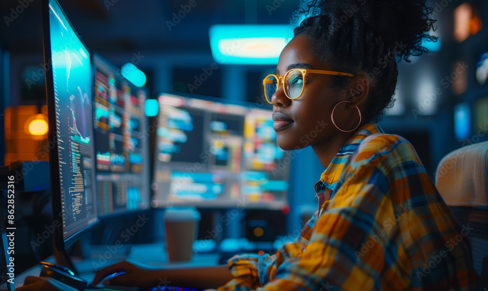 Side profile of black female IT developer working on computer in dark ...