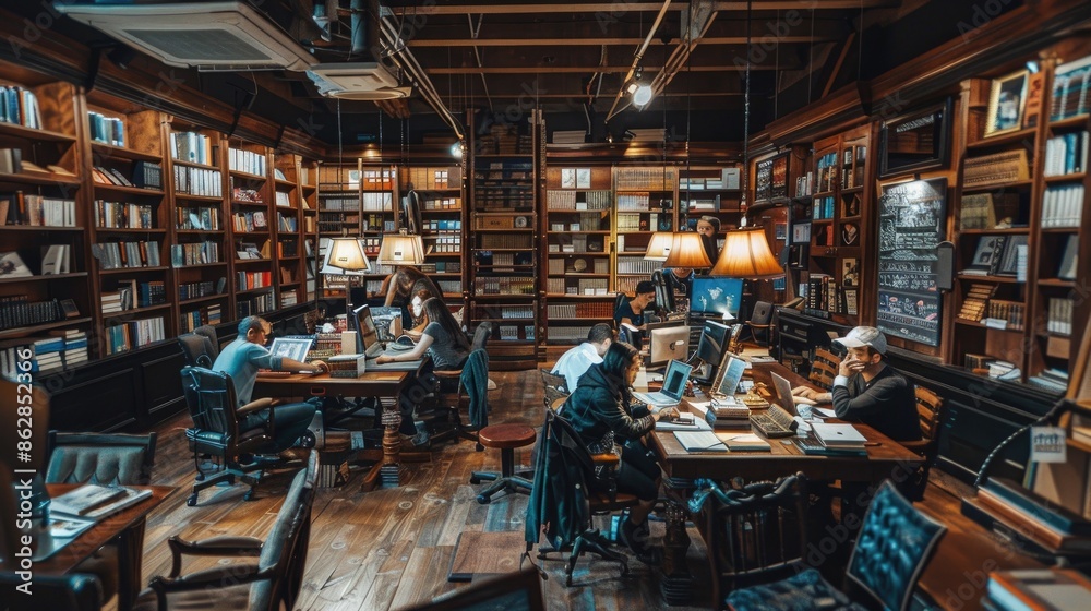 Background image of wood-paneled library with students engaged in study ...