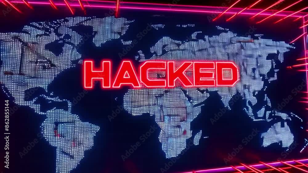 A map of the world with bright red letters reading "HACKED" over it ...