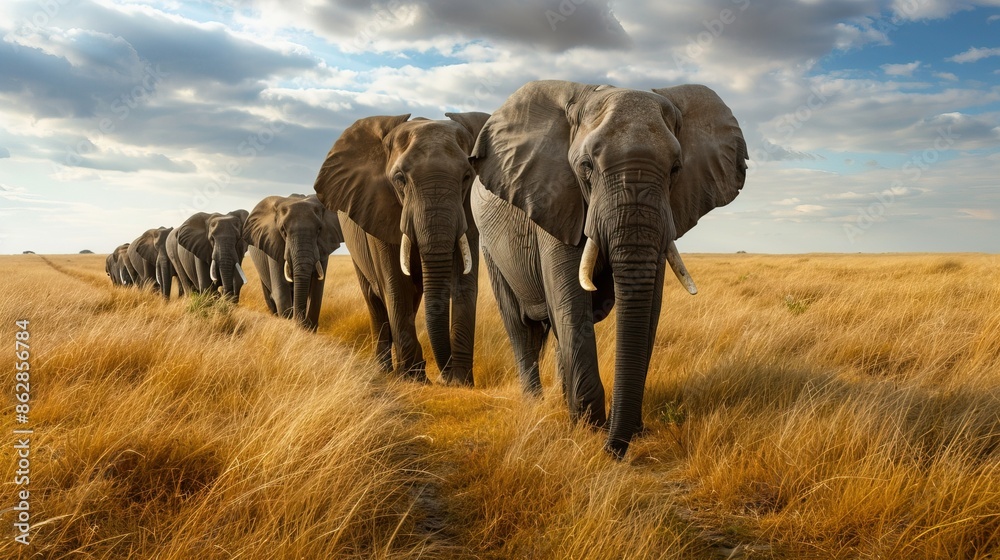 Elephant Herd: A group of elephants moving together across the savanna ...