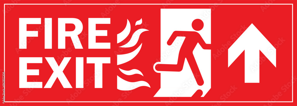 A Man Run to Fire Exit Door Sign with Arrow show direction Up Right ...