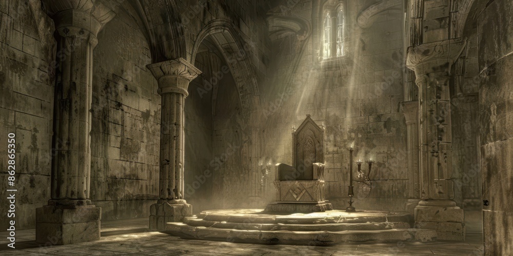 A grand and mysterious throne room with high arches and pillars ...