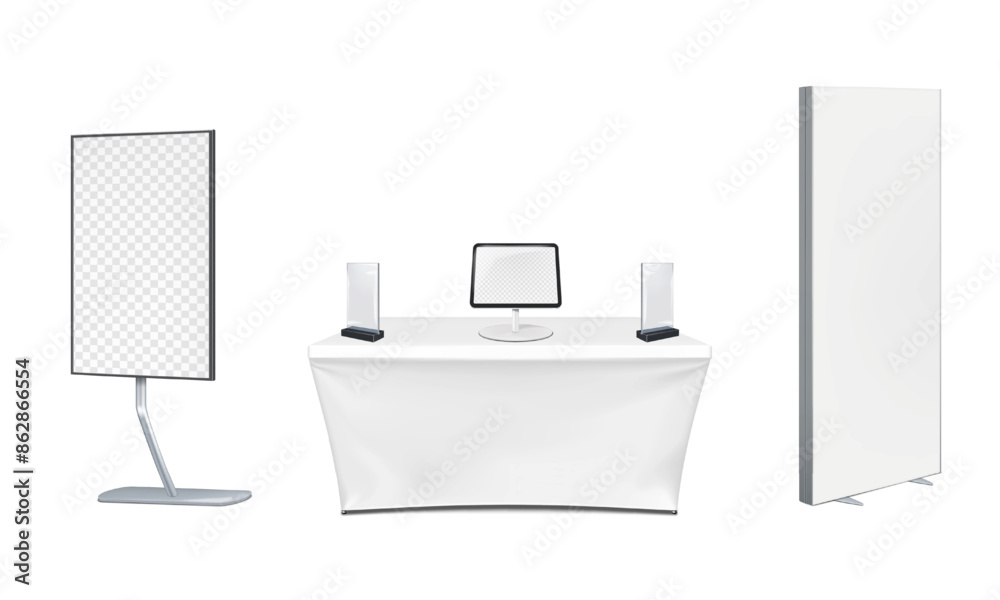 Exhibition set template. Tradeshow table, clear acrylic table tents ...