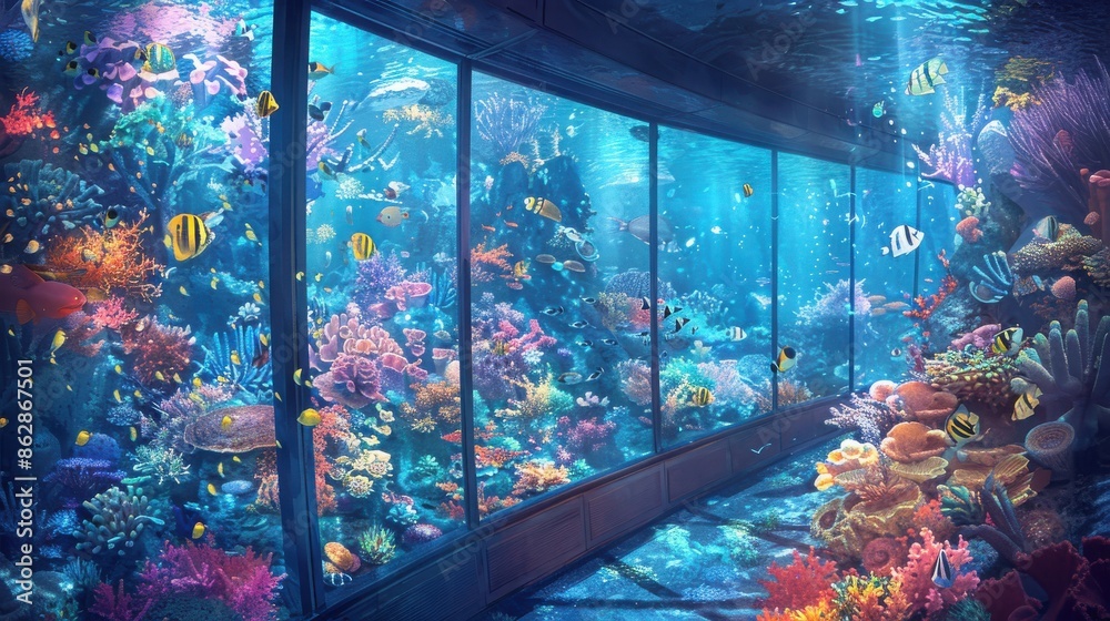 Vibrant underwater aquarium scene with colorful coral reefs and diverse ...