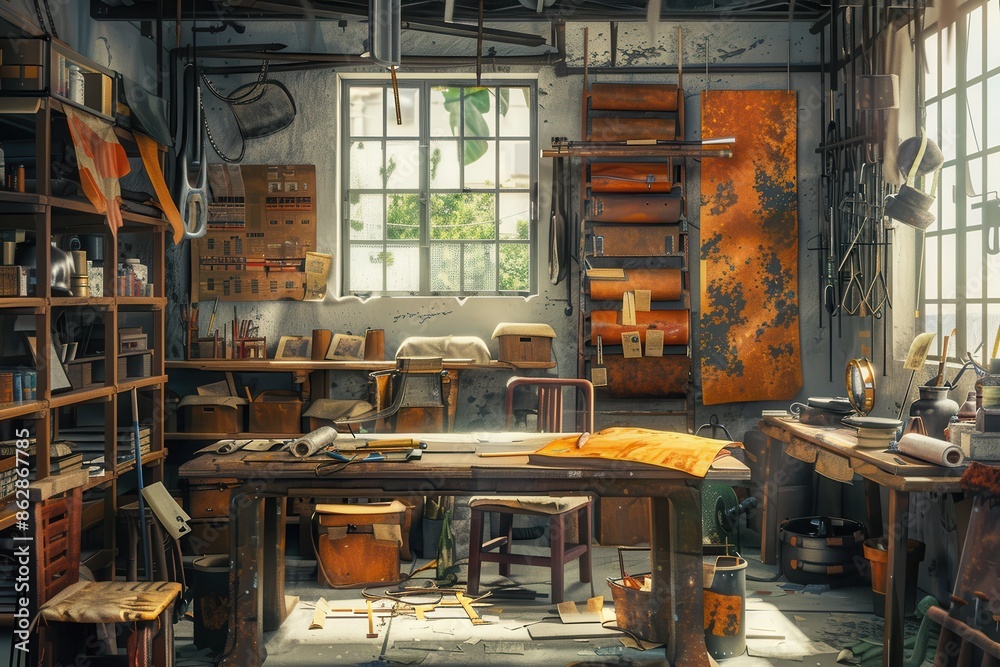 Vintage woodworking shop with wooden workbenches, tools, and sunlight ...