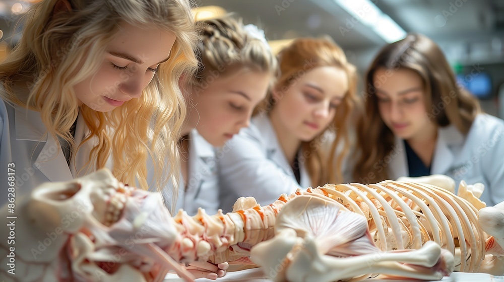 Foto de Female students studying human skeleton model. Group of female ...