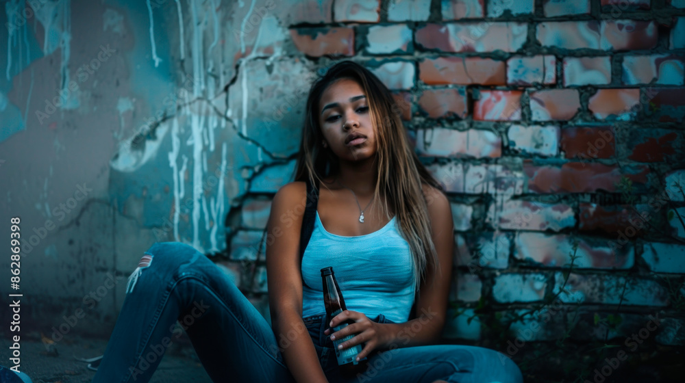 Sad And Drunk Black Teen Girl With Bottle Of Beer Sitting On The