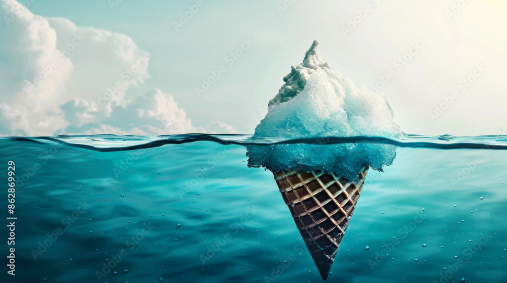 Half iceberg, half ice cream floats in ocean, underwater part is waffle ...