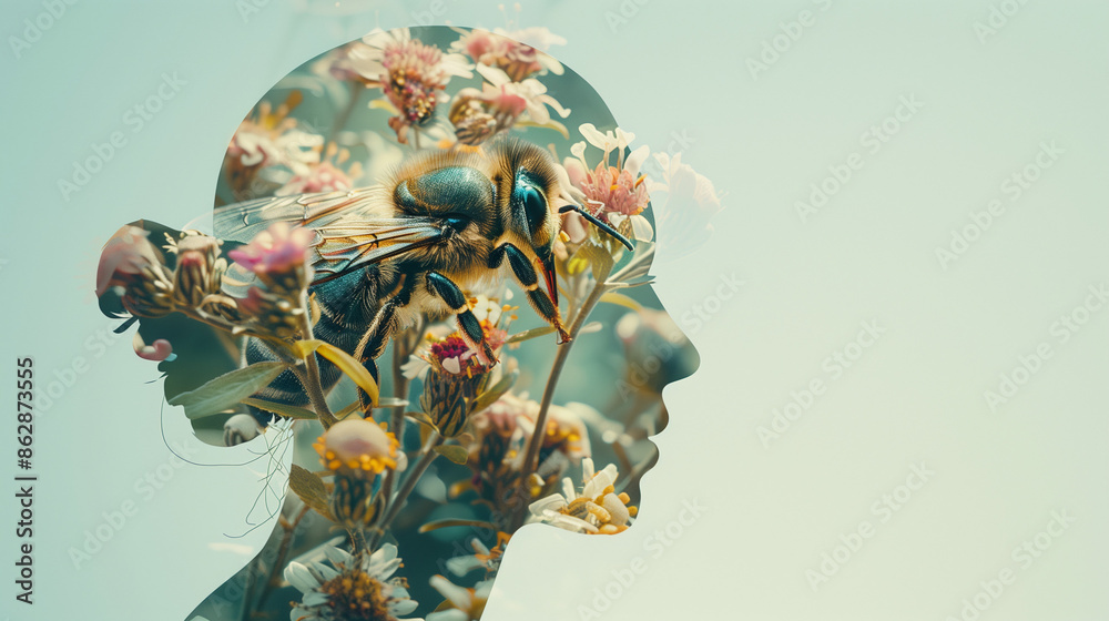 bee on flowers double exposure with outline of a woman, concept for the ...