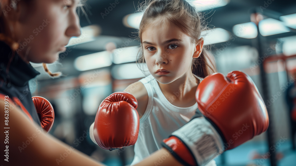Concentrated sporty tween girl in boxing gloves practicing self-defense ...