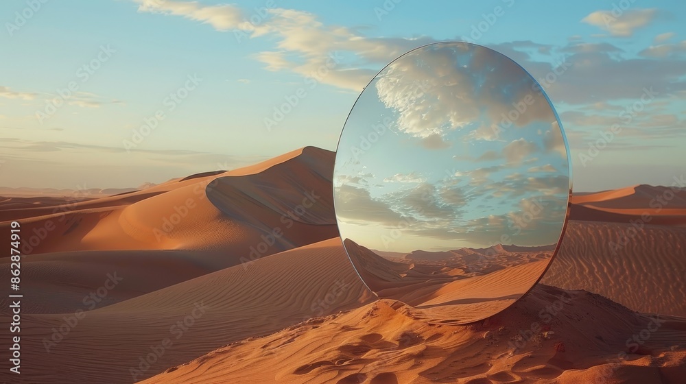 A captivating surreal desert scene featuring a reflective mirror that ...