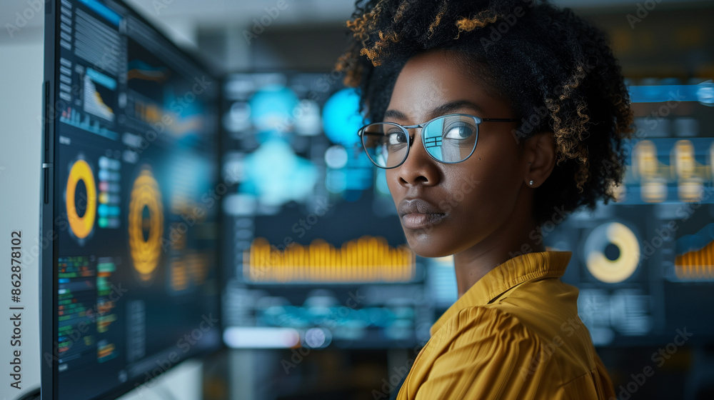 Portrait of a black African American woman data analyst standing in ...