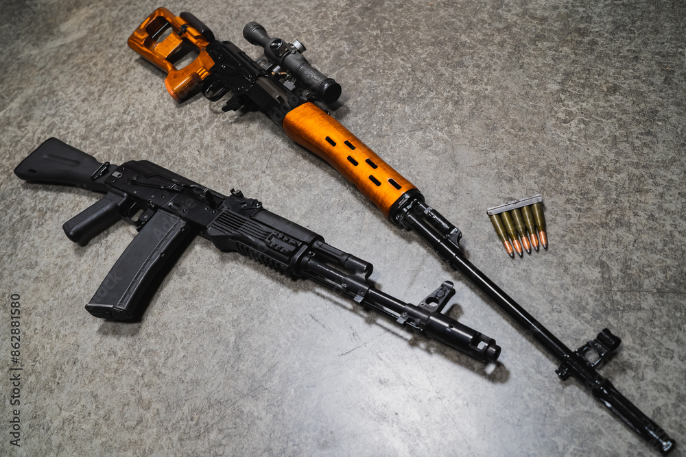 Russian military weapons, SVD sniper rifle and ak74m assault rifle ...