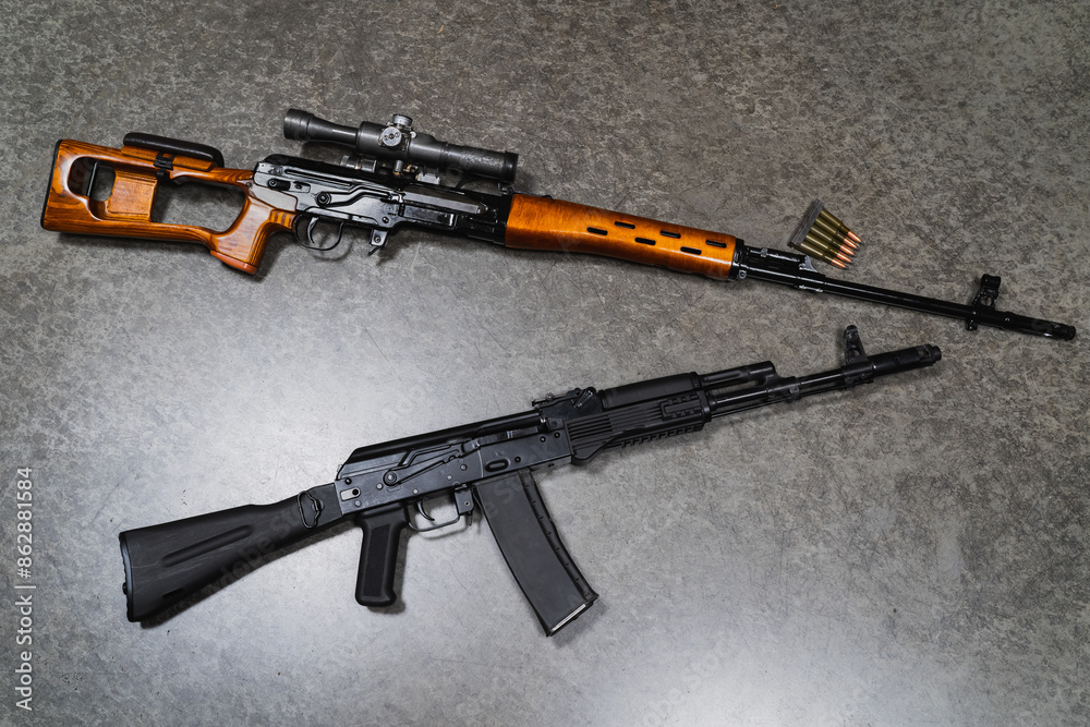 Russian military weapons, SVD sniper rifle and ak74m assault rifle ...