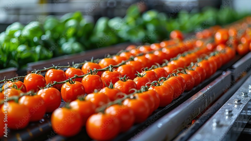 Dozens of shiny, ripe tomatoes are seen on an automated processing line ...