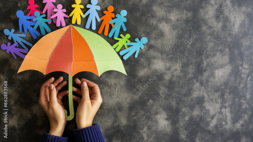 Conceptual image showing hands holding up various colored paper people ...