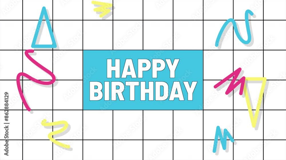 Colorful birthday card with grid background, Happy Birthday in playful ...