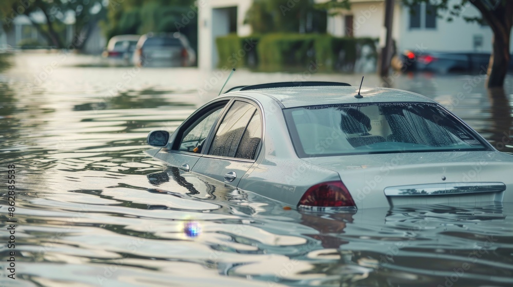 Car Driving Through Flooded Street During Heavy Rainfall, Encountering ...