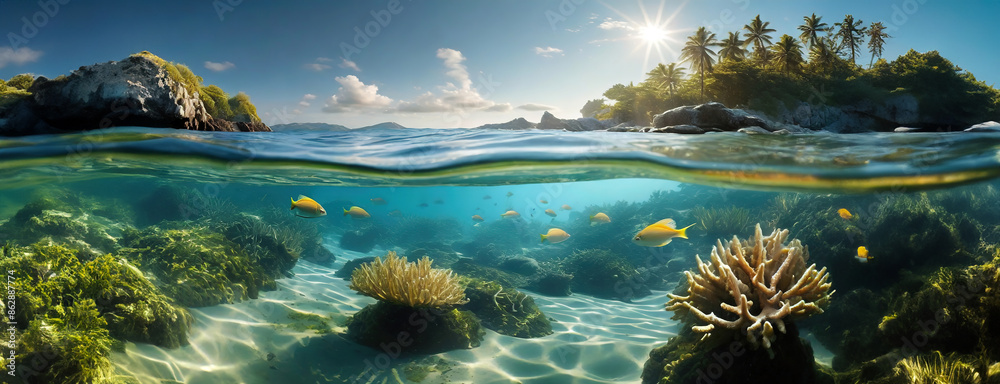 Half-above and half-below water view of a tropical island with vibrant ...