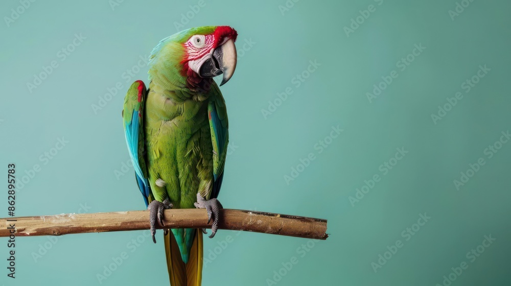 Portrait photography of Military Macaw bird catch standing on wood ...
