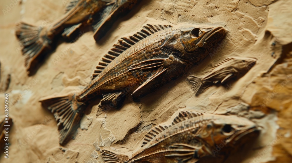 Fish fossils in sedimentary rock from Tertiary Cenozoic era 50 million ...