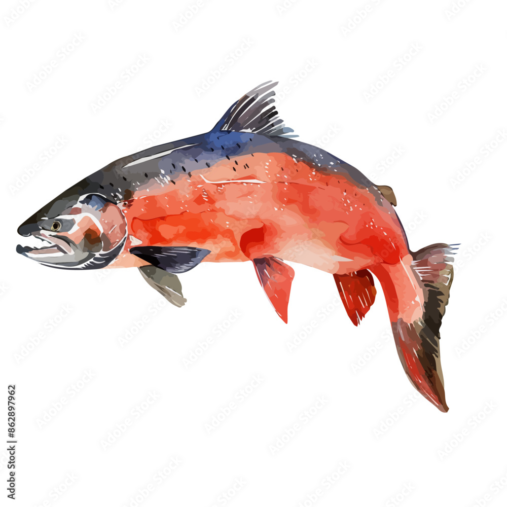 Watercolor drawing clipart of a salmon fish, isolated on a white ...