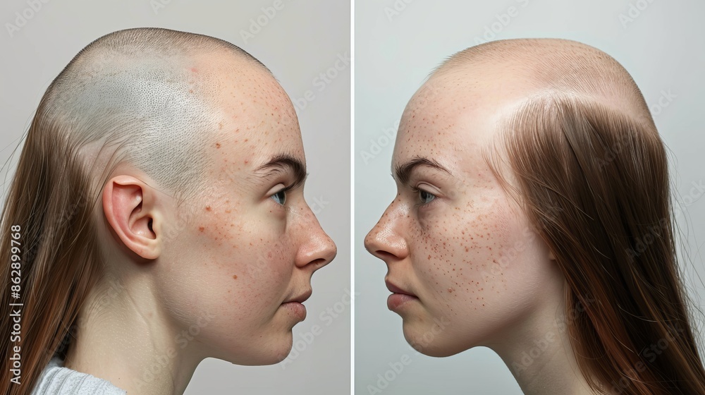 Cropped before and after head shot of a young woman with bald patches ...