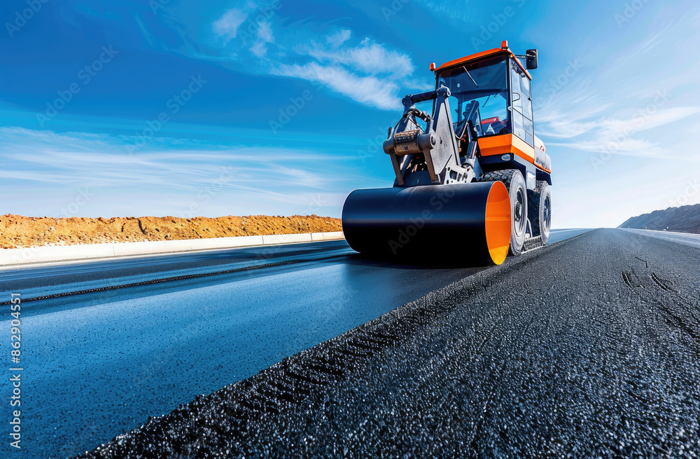 The asphalt roller was rolling the new road at the construction site of ...