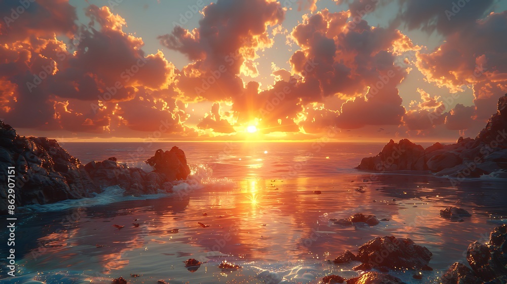 Rocky coastal scene with tide pools reflecting the sunset sky teeming ...