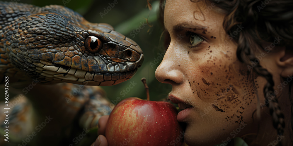 Adam and Eve are about to take the first bite of an apple in the garden ...