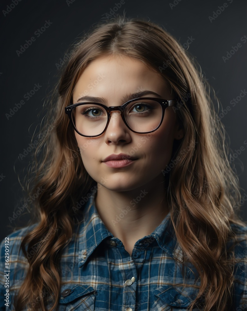 pretty nerdy girl on plain background for banner with copy space Stock ...