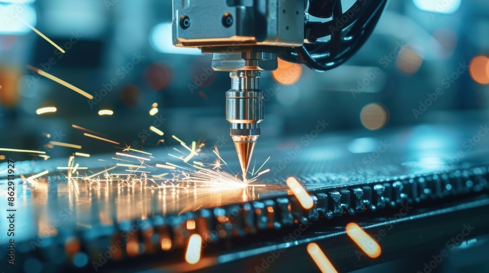 Laser-equipped robotic arm precision cutting in a dark smart factory ...