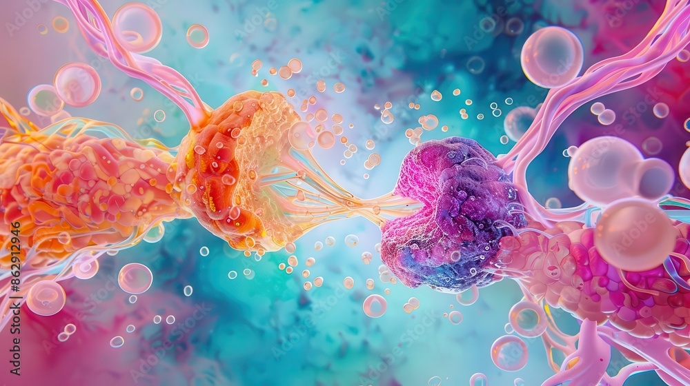 Artistic depiction of mitosis showing cell splitting into two, cell ...