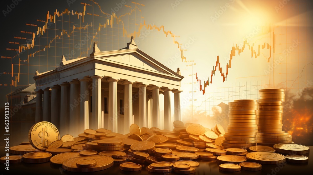 Gold coins are piling up in front of a bank with a stock market chart ...