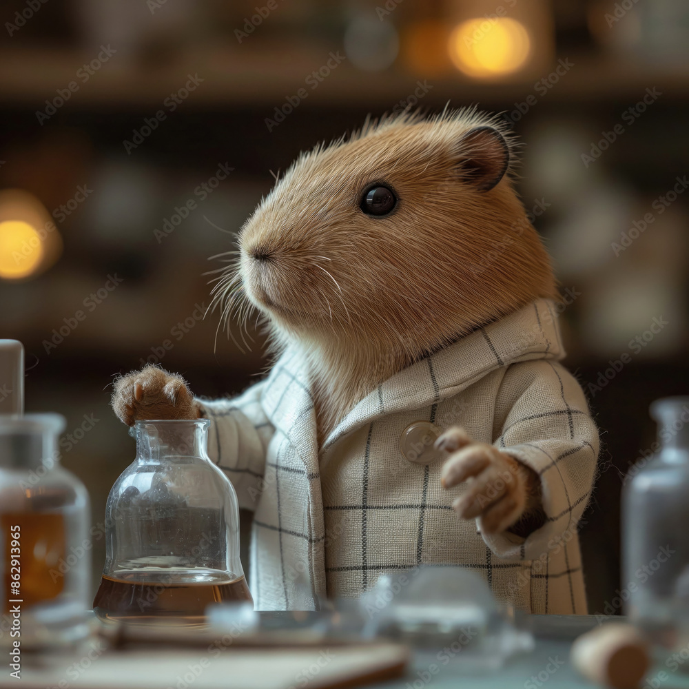 cute capybara wearing a checkered lab coat, appearing to conduct a science experiment. The ...